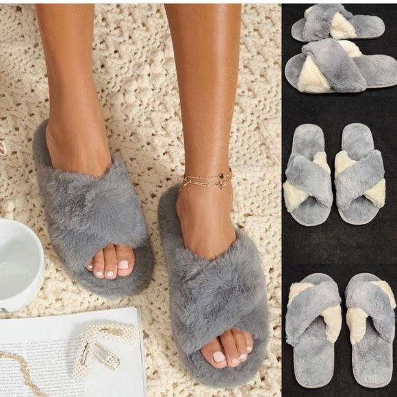Private Label | Shoes | New Fuzzy Criss Cross Bandgray White Slide ...
